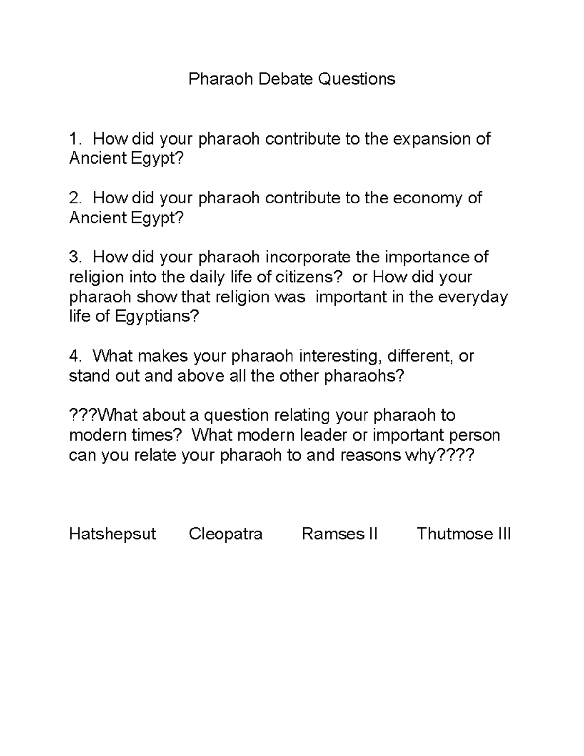 Wakley Casterline - Pharaoh Debate Questions - Pharaoh Debate Questions ...