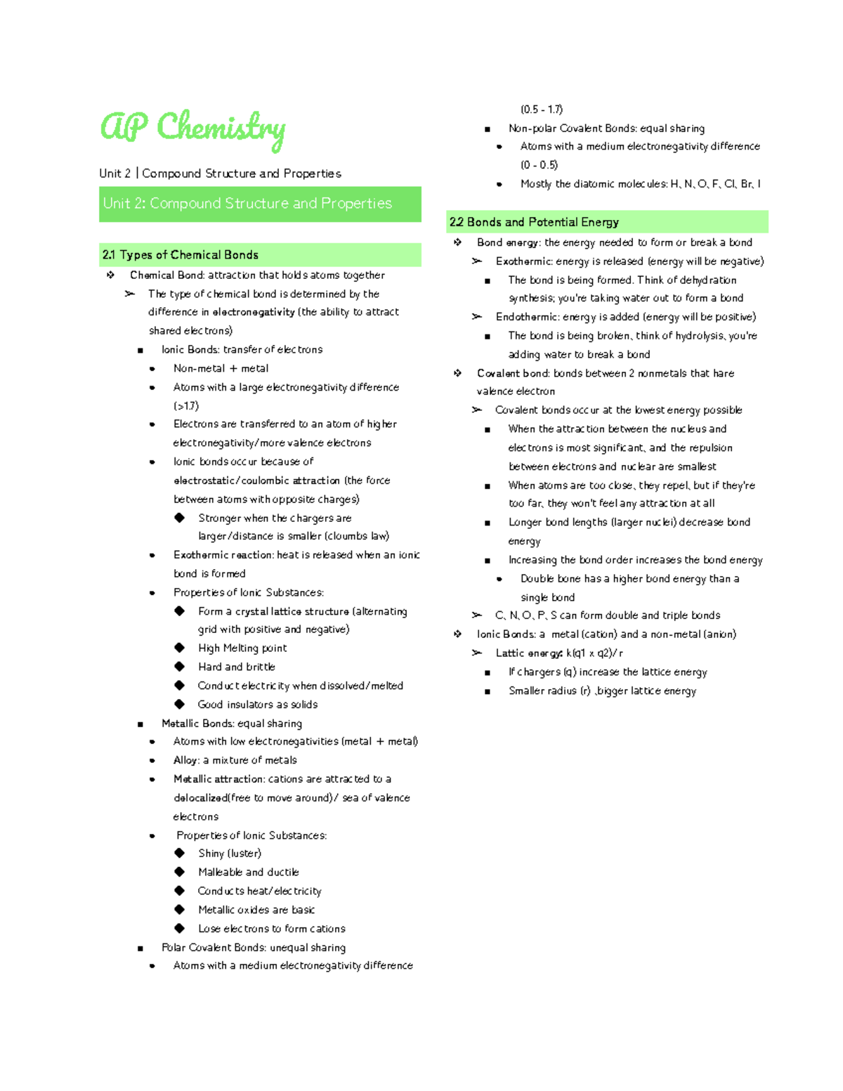 AP Chemistry (0.5 1.7) Unit 2 Notes: Types of Chemical Bonds - Studocu