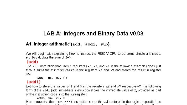 LAB A: Integer Arithmetic and Binary Data Operations - Studocu