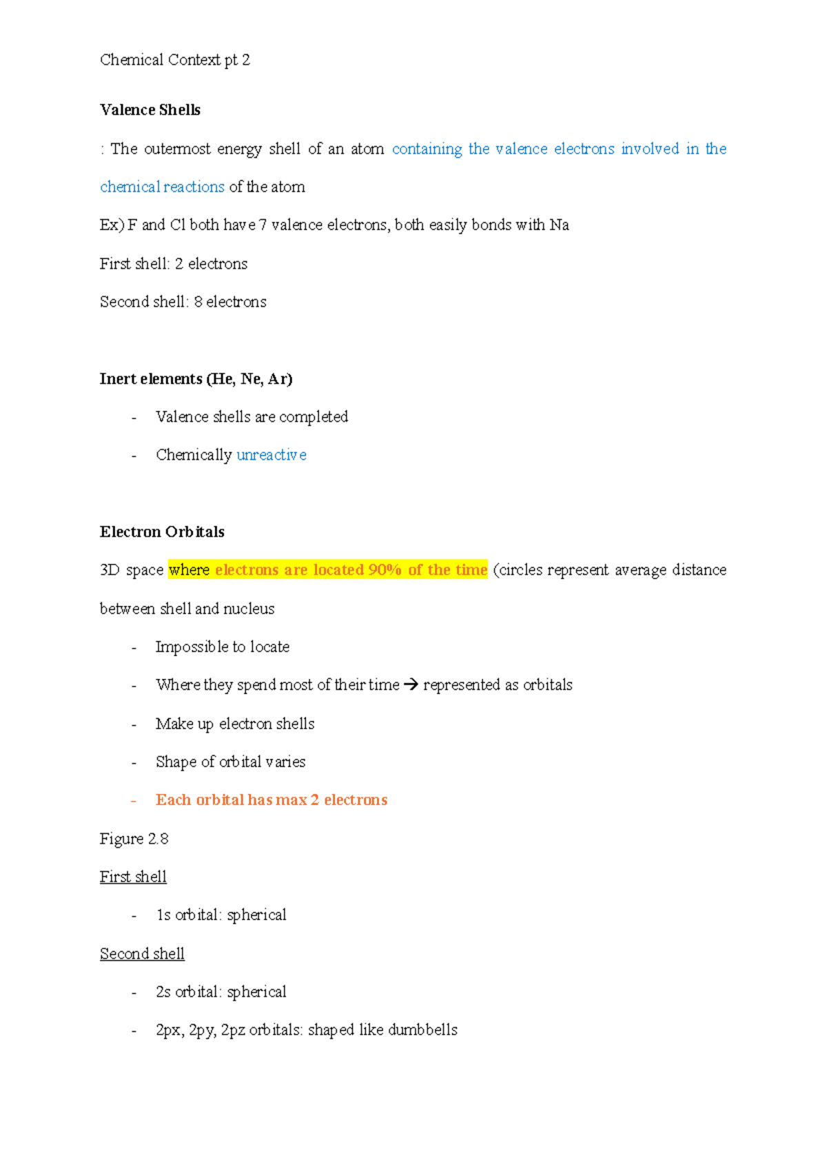 Chemical Context pt2 - lecture notes - Valence Shells : The outermost ...