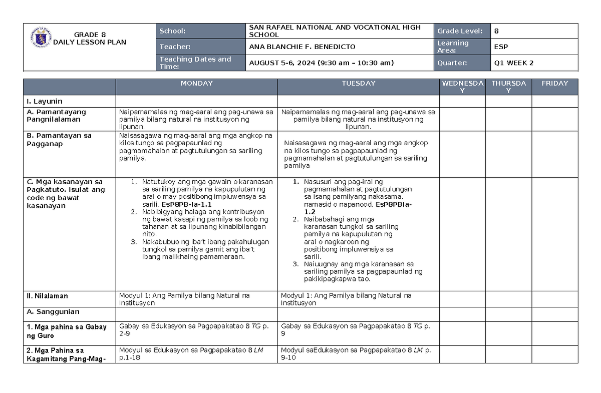 ESP W1 & 2 - ESP WEEK 1 & 2 - GRADE 8 DAILY LESSON PLAN School: SAN ...