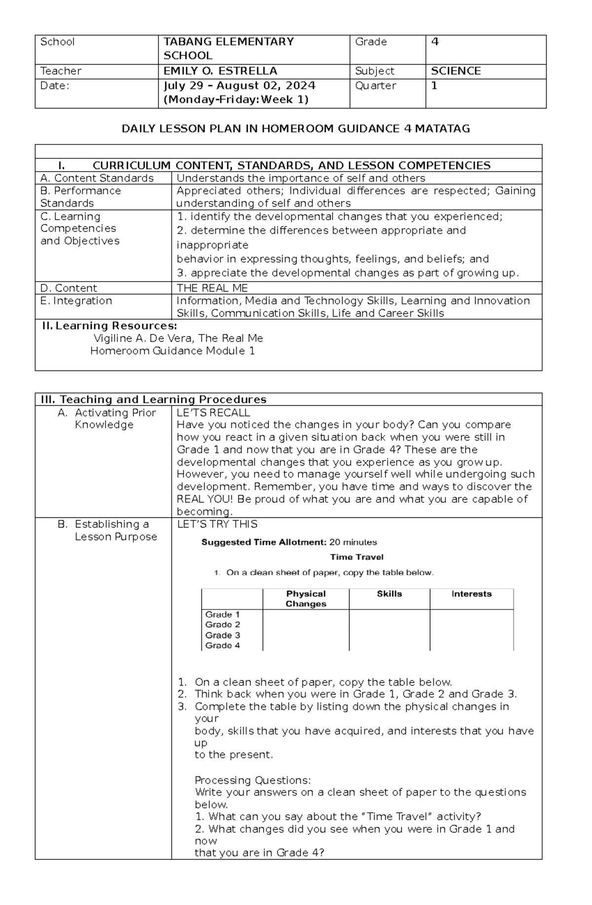 Homeroom Guidance Daily Lesson Plan for Grade 4 - Quarter 1, Week 1 ...