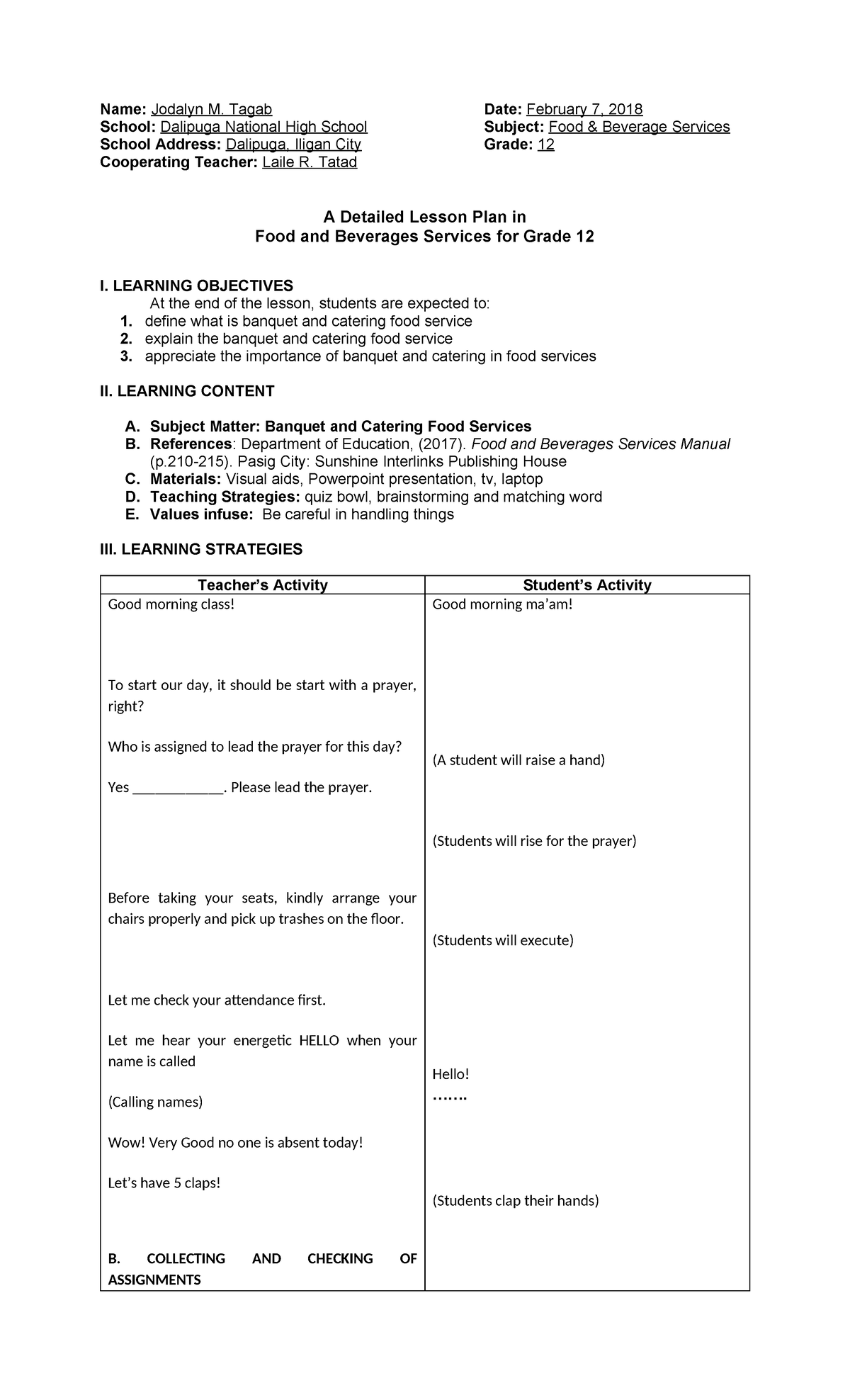 Grade 12 Food & Beverage Services: Banquet and Catering Lesson Plan ...