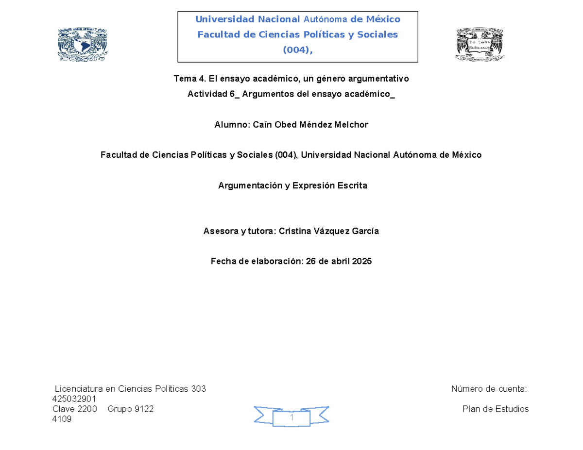 T4A6: Argumentos y Plan de Ensayo Académico en Ciencias Políticas - Studocu