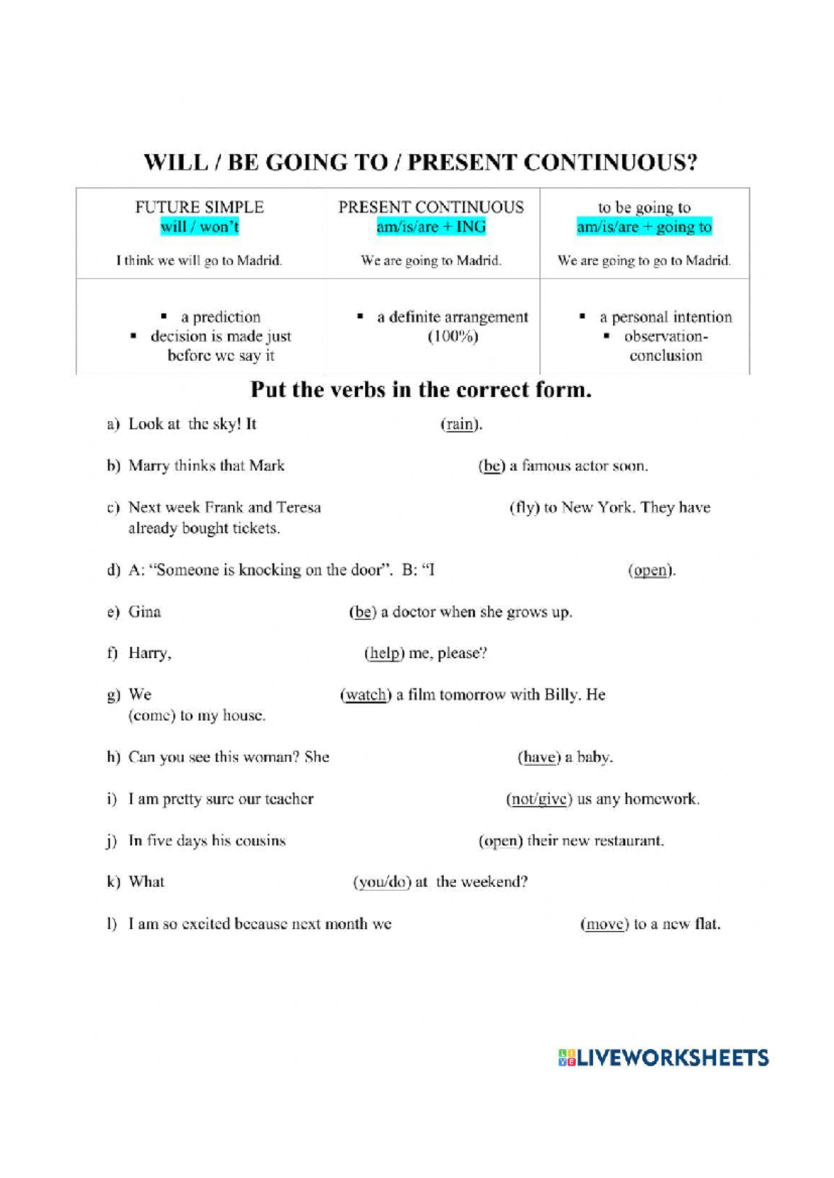 Worksheet 117682 - Present Continuous & Future Simple Practice - Studocu