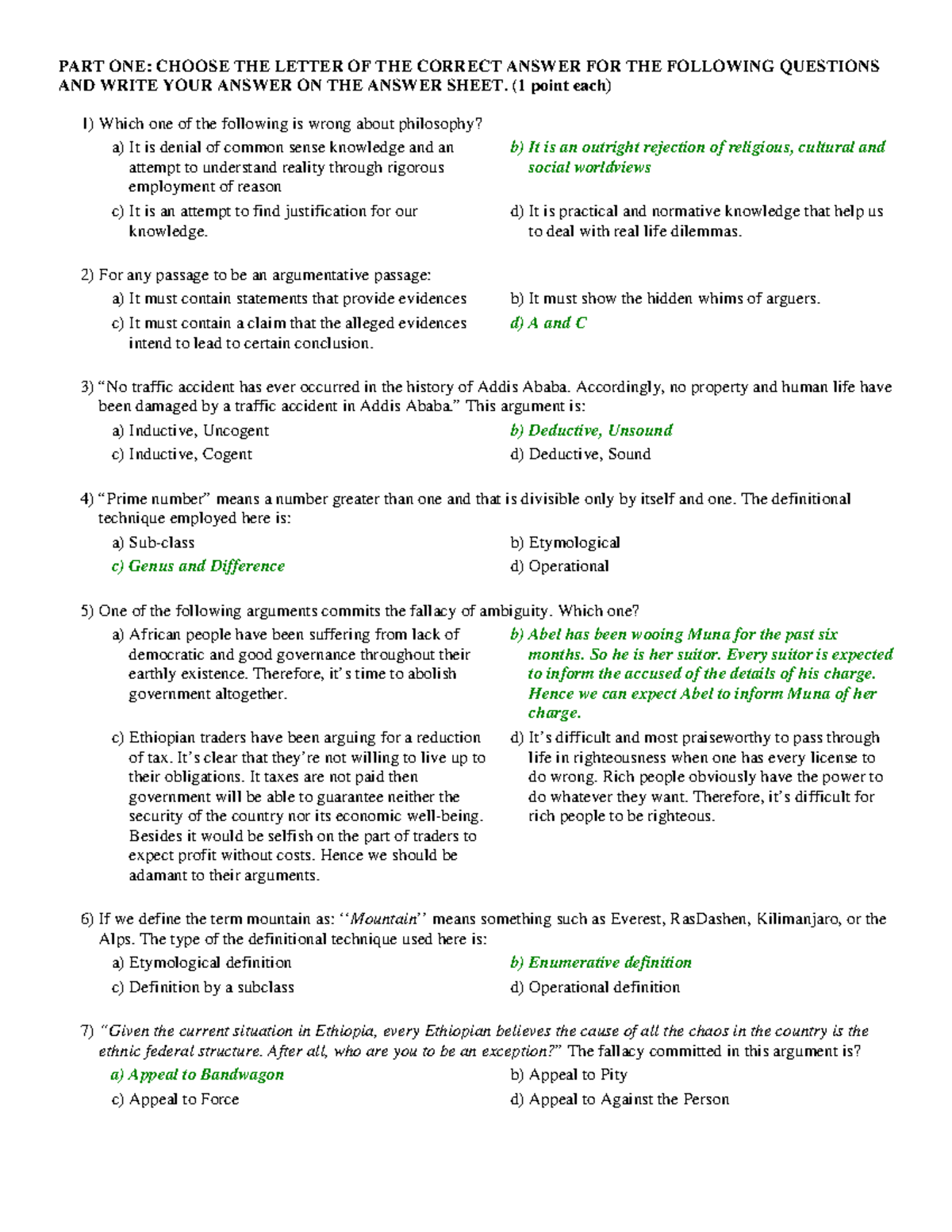 Logic and CT Final Exam 1 (Aastu) - Answer Key and Analysis - Studocu