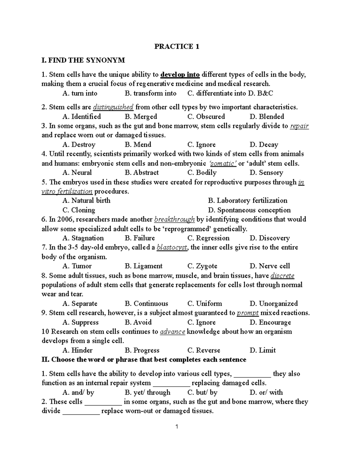 PRACTICE 1: Synonyms and Sentence Completion on Stem Cells - Studocu