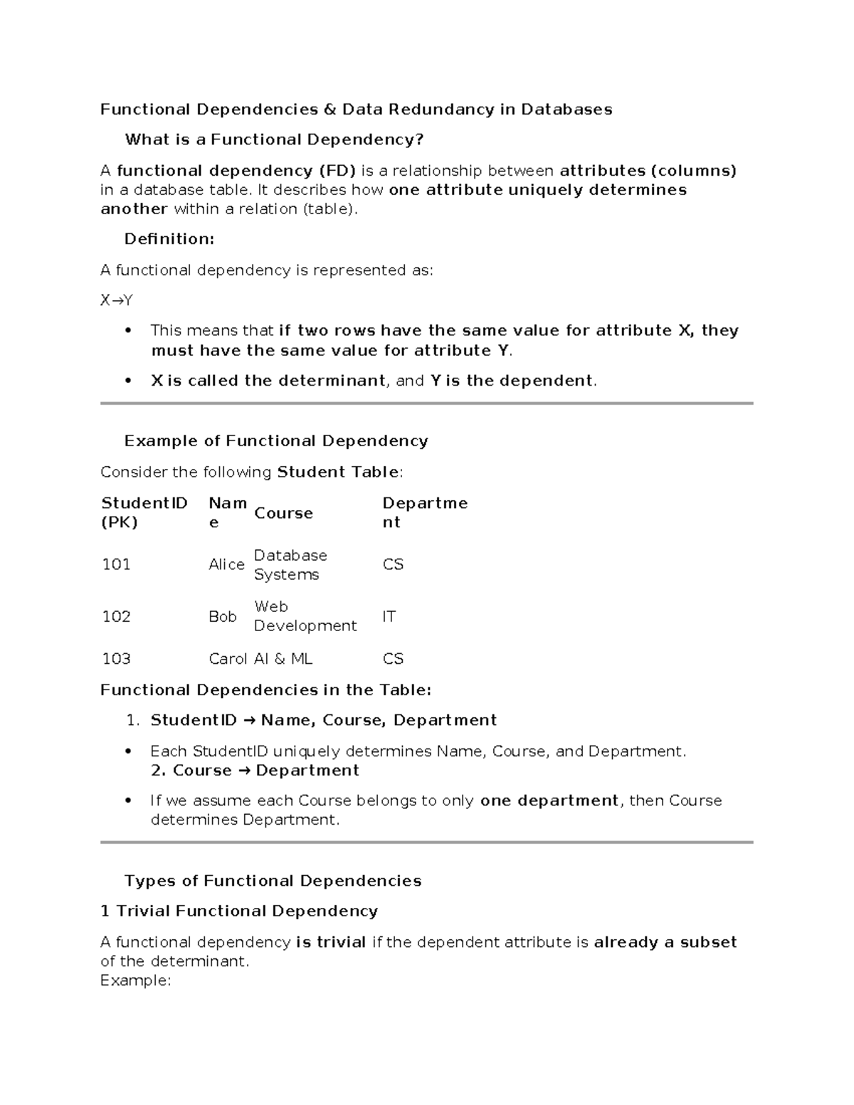Functional Dependencies - It describes how one attribute uniquely ...