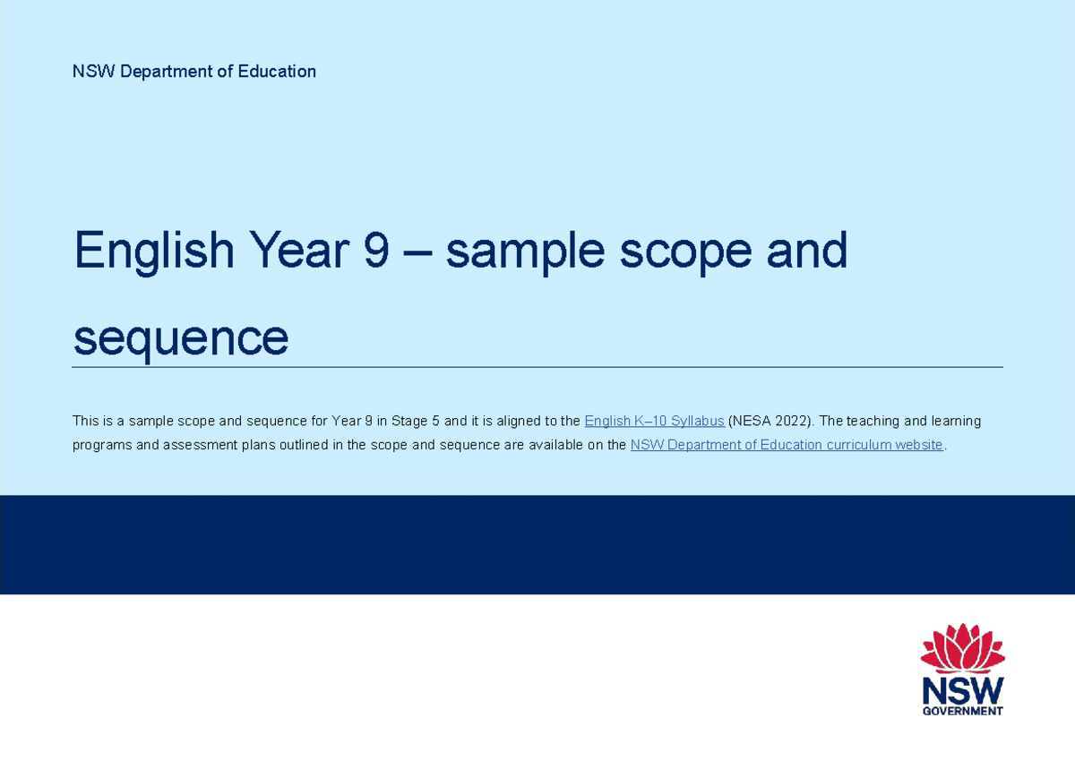 NSW English Year 9 Stage 5 Sample Scope and Sequence Guide - Studocu