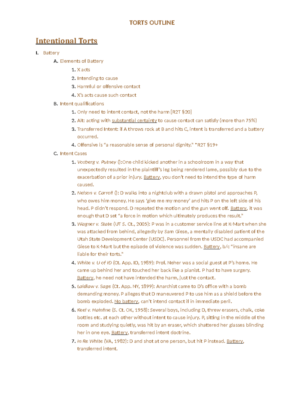 TORTS OUTLINE: Intentional Torts - Battery, Assault, IIED - Studocu