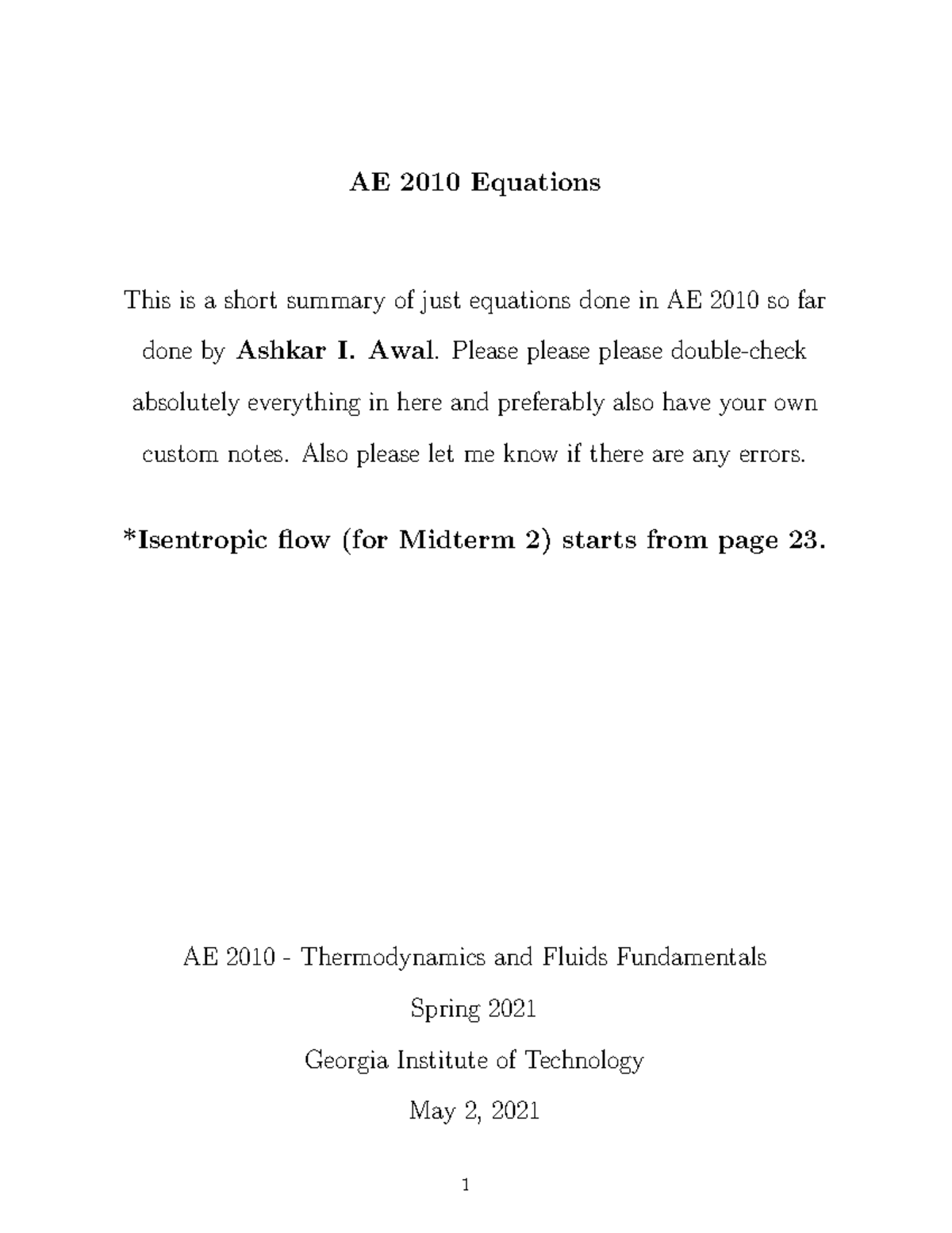 AE2010 Final Exam Notes: Key Equations and Concepts for Thermodynamics ...