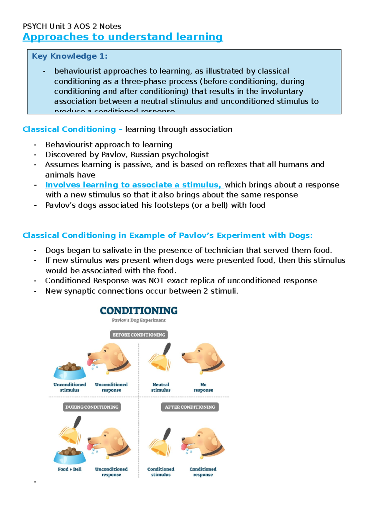 PSYCH Unit 3 AOS 2 Notes: Behaviourist Approaches to Learning & Memory ...