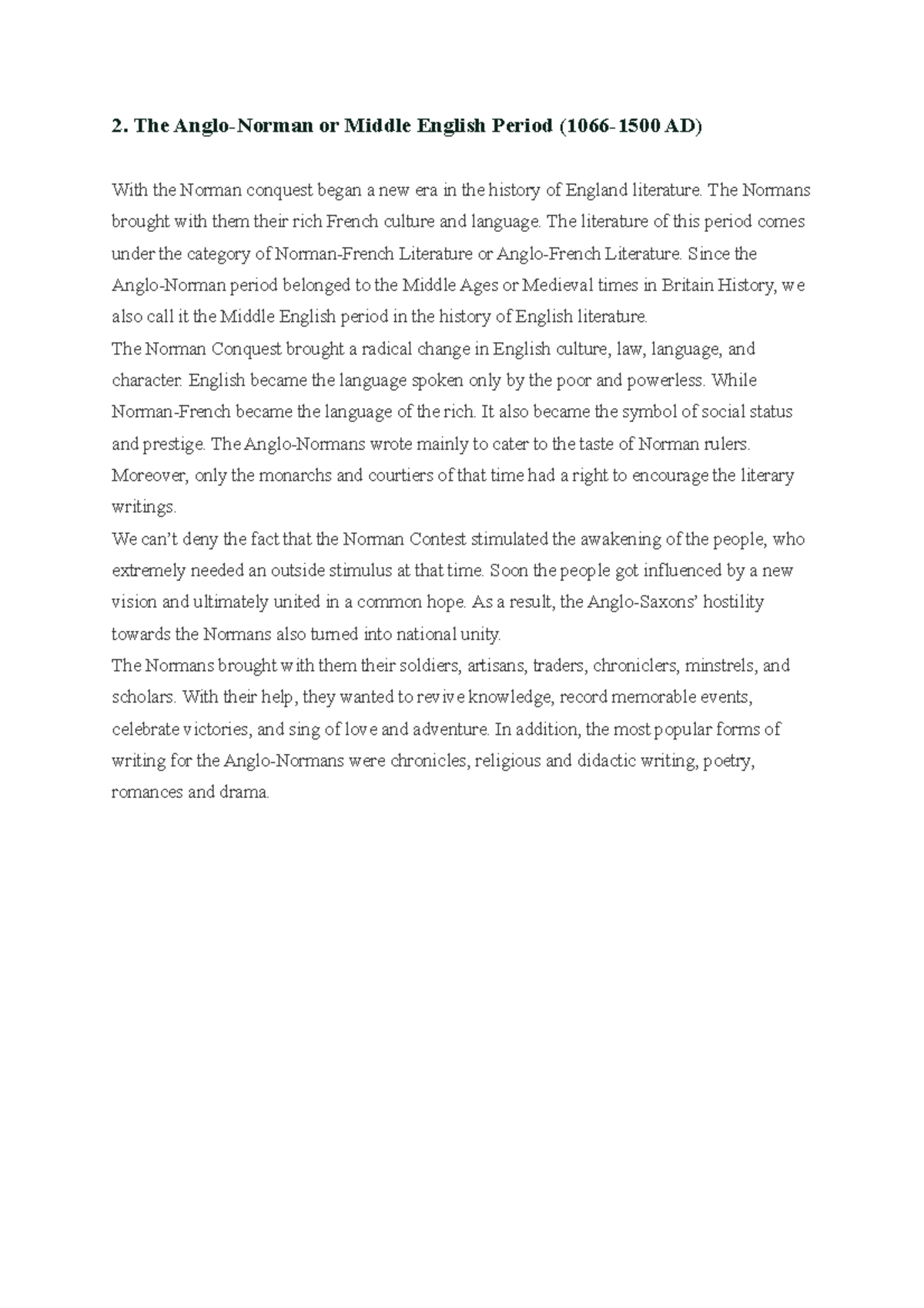 2. The Anglo-Norman or Middle English Period (1066-1500 AD) Overview ...