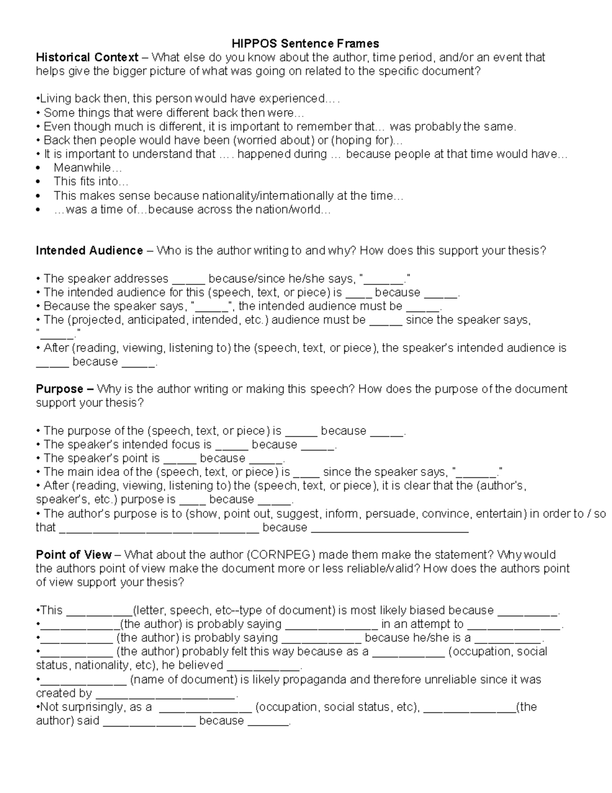 HIPPOS Sentence Frames: Analyzing Historical Context and Purpose - Studocu