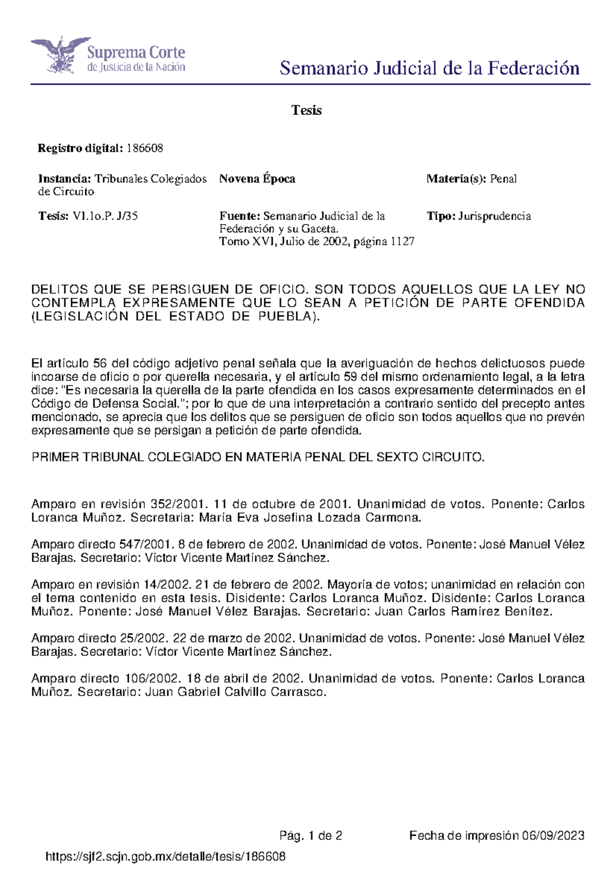 Delitos de Oficio: Jurisprudencia en Materia Penal (Tesis VI.1o.P. J/35 ...