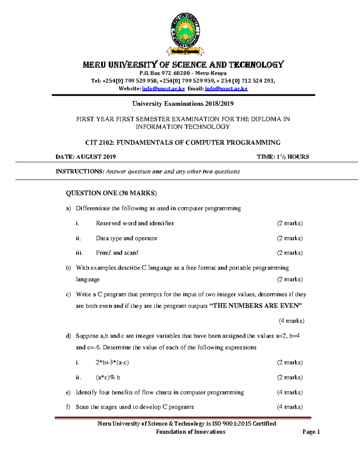 Cit 2102 Fundamentals Of Computer Programming Meru University Of