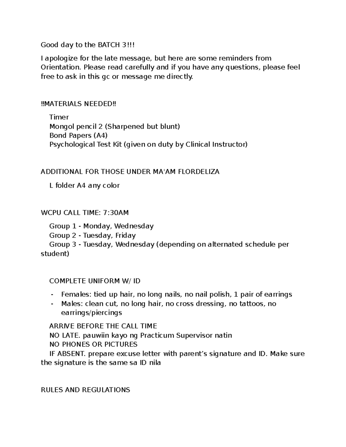 Reminders for BATCH I: Orientation Guidelines and Rules - Studocu