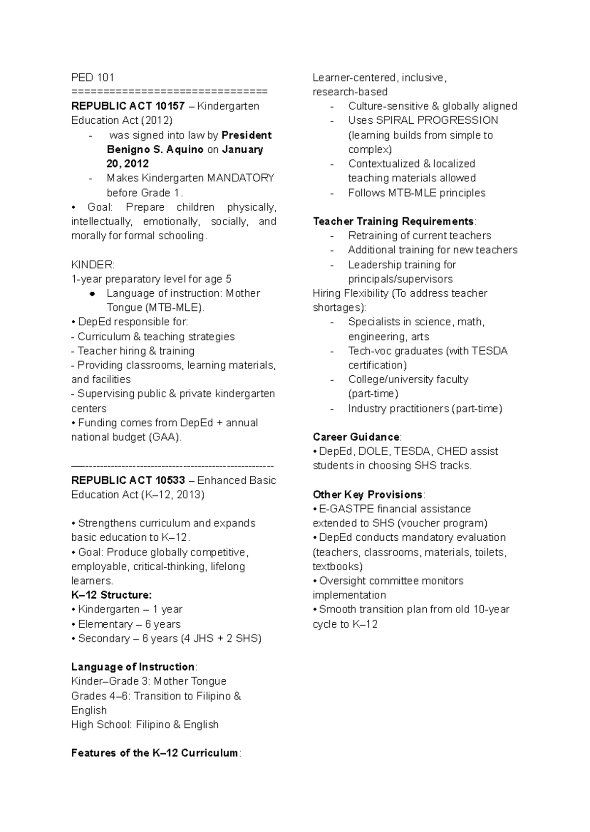 PED 101 Final Exam Notes on Kindergarten Education Act & Enhanced Basic ...