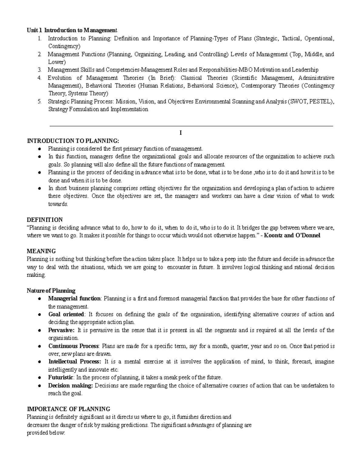 S2 BBA Management Principles: Unit 1 Lecture Notes on Planning ...