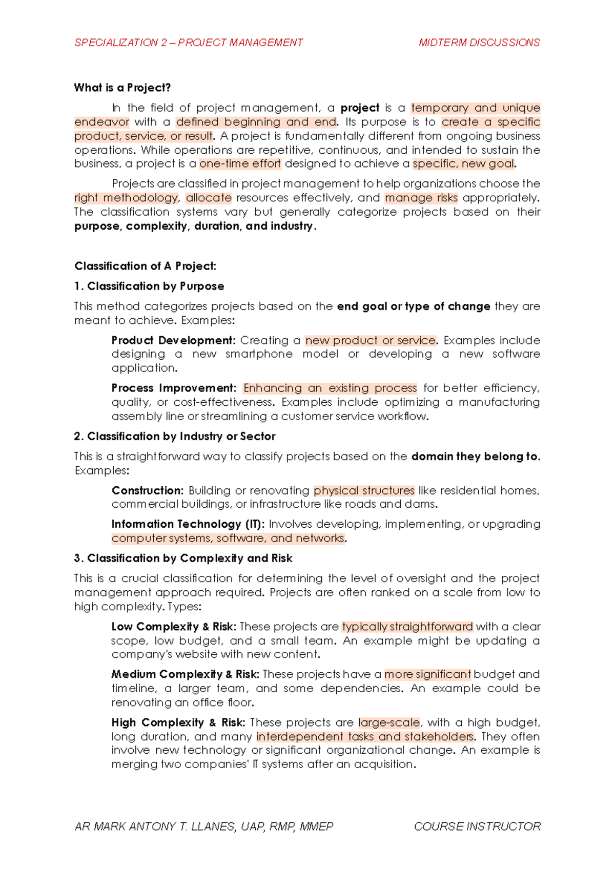 SPECIALIZATION 2 PROJECT MANAGEMENT MIDTERM CLASS MODULE SUMMARY - Studocu