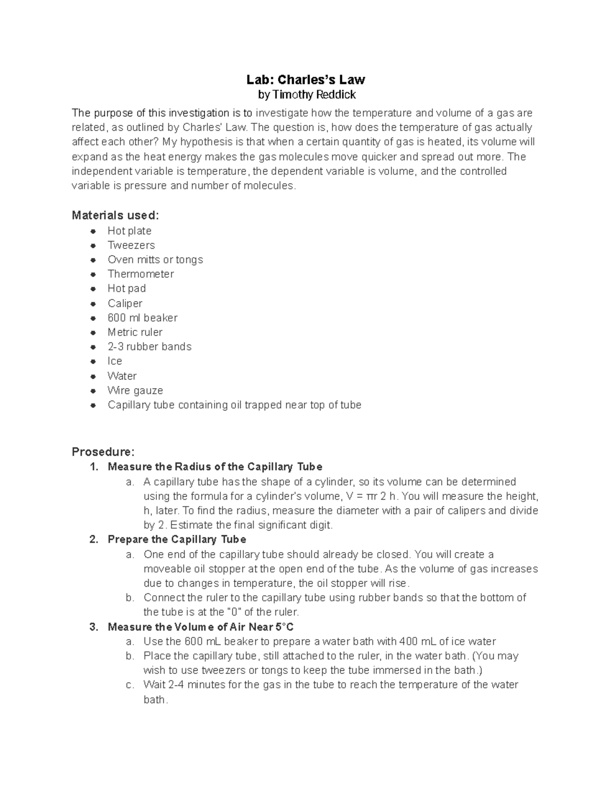 Lab: Law of Gas Behavior - Temperature vs. Volume Investigation - Studocu