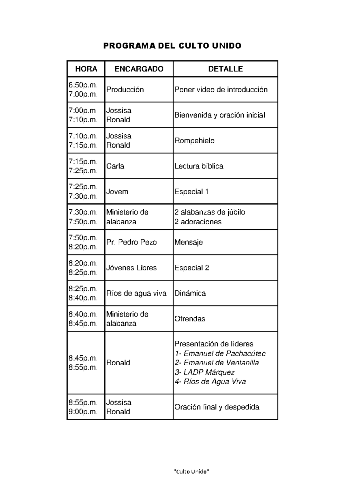 Programa del Culto Unido - Detalles y Horarios de Actividades - Studocu