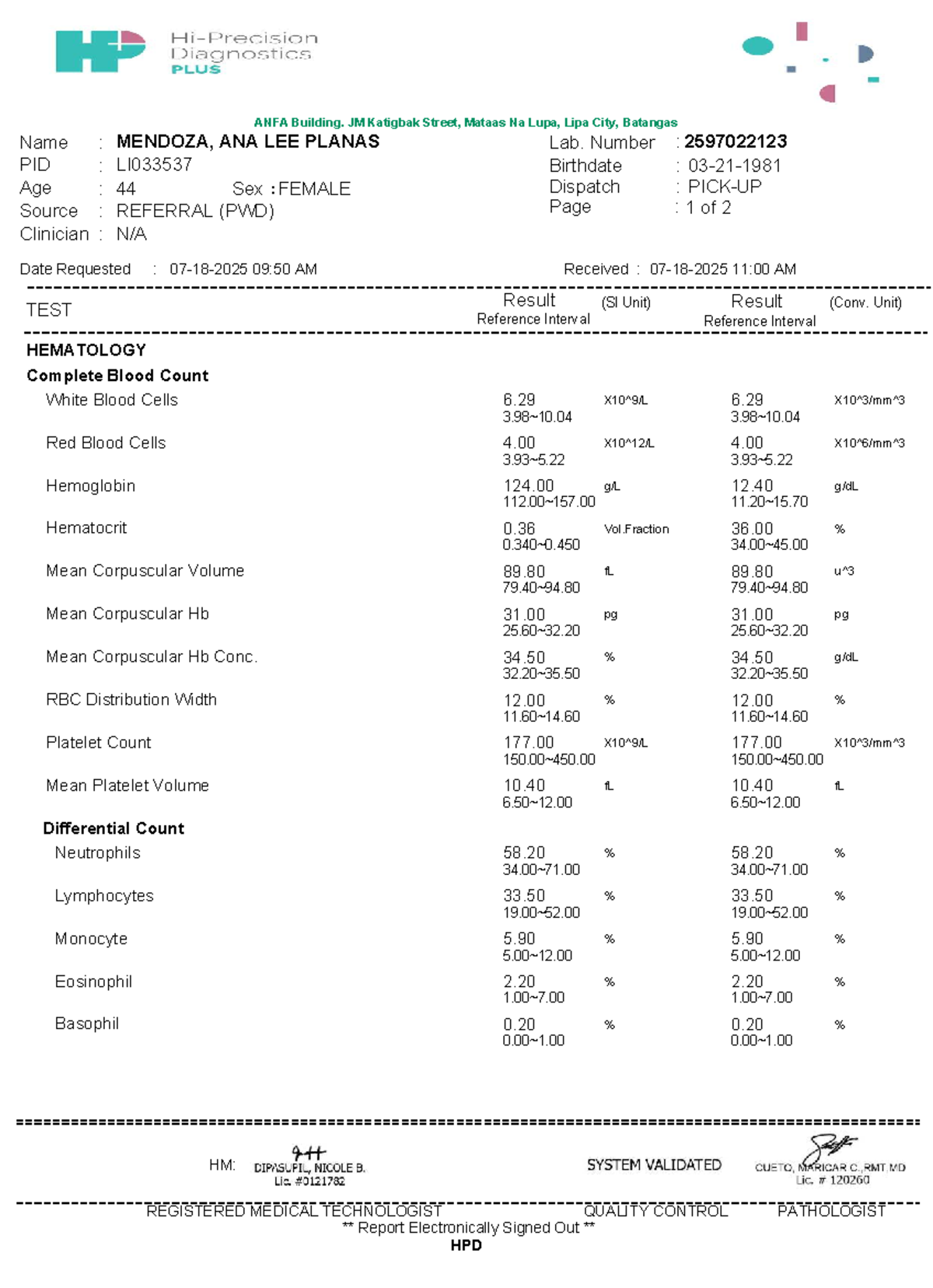 Patient Lab Report: MENDOZA, ANA LEE PLANAS (LI033537) - Studocu