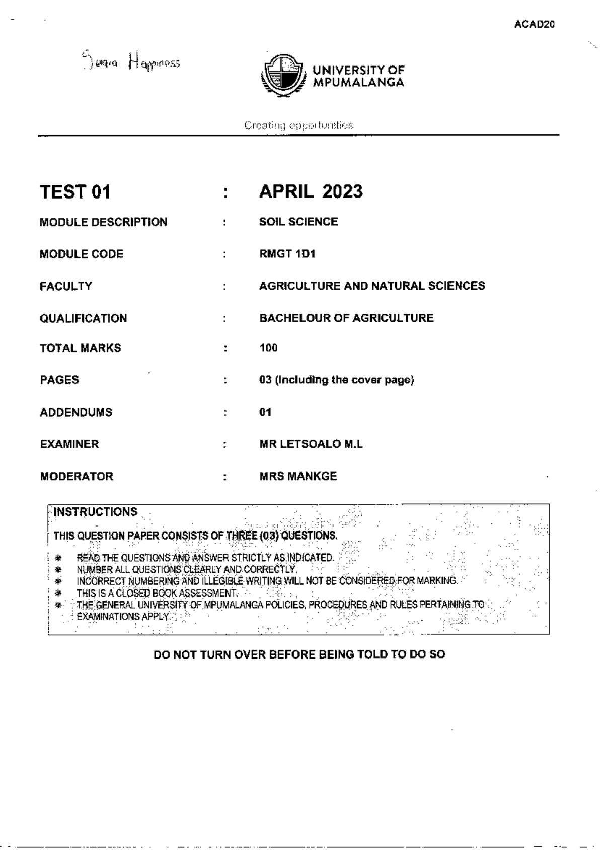 RMGT 1D1 Soil Science Test 01: April 2023 - University of Mpumalanga ...