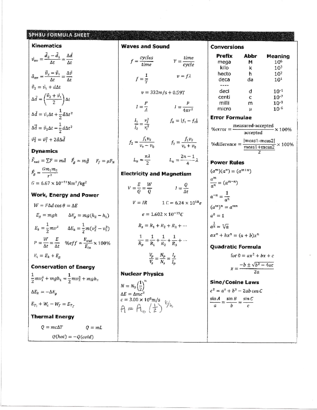 Uni+Physics+Formula+Sheet - Kinematics 'l)- = . dr- d, AA -: Lt - Ar ...