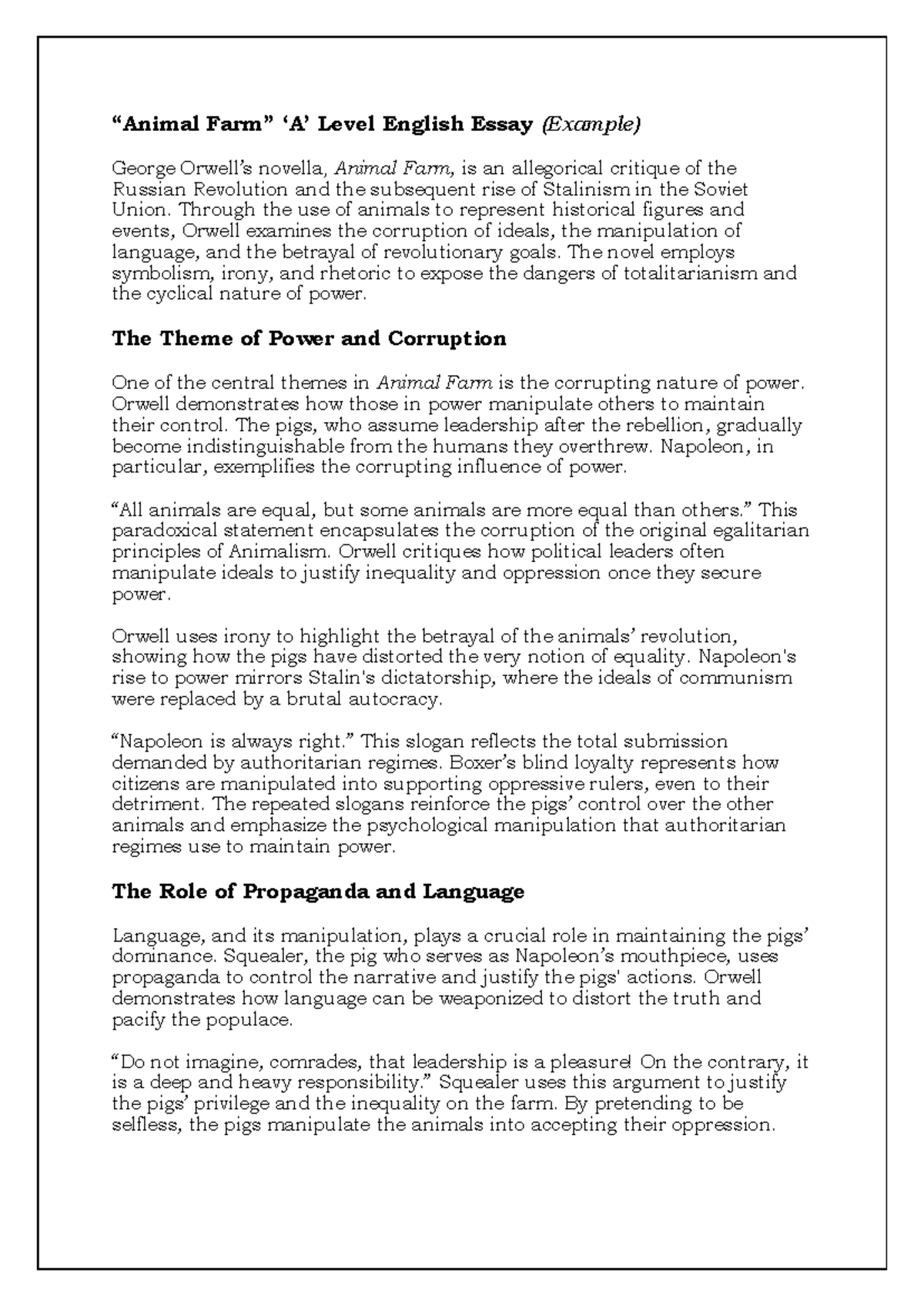 A Level English Essay on Orwell's Animal Farm: Themes & Symbolism - Studocu