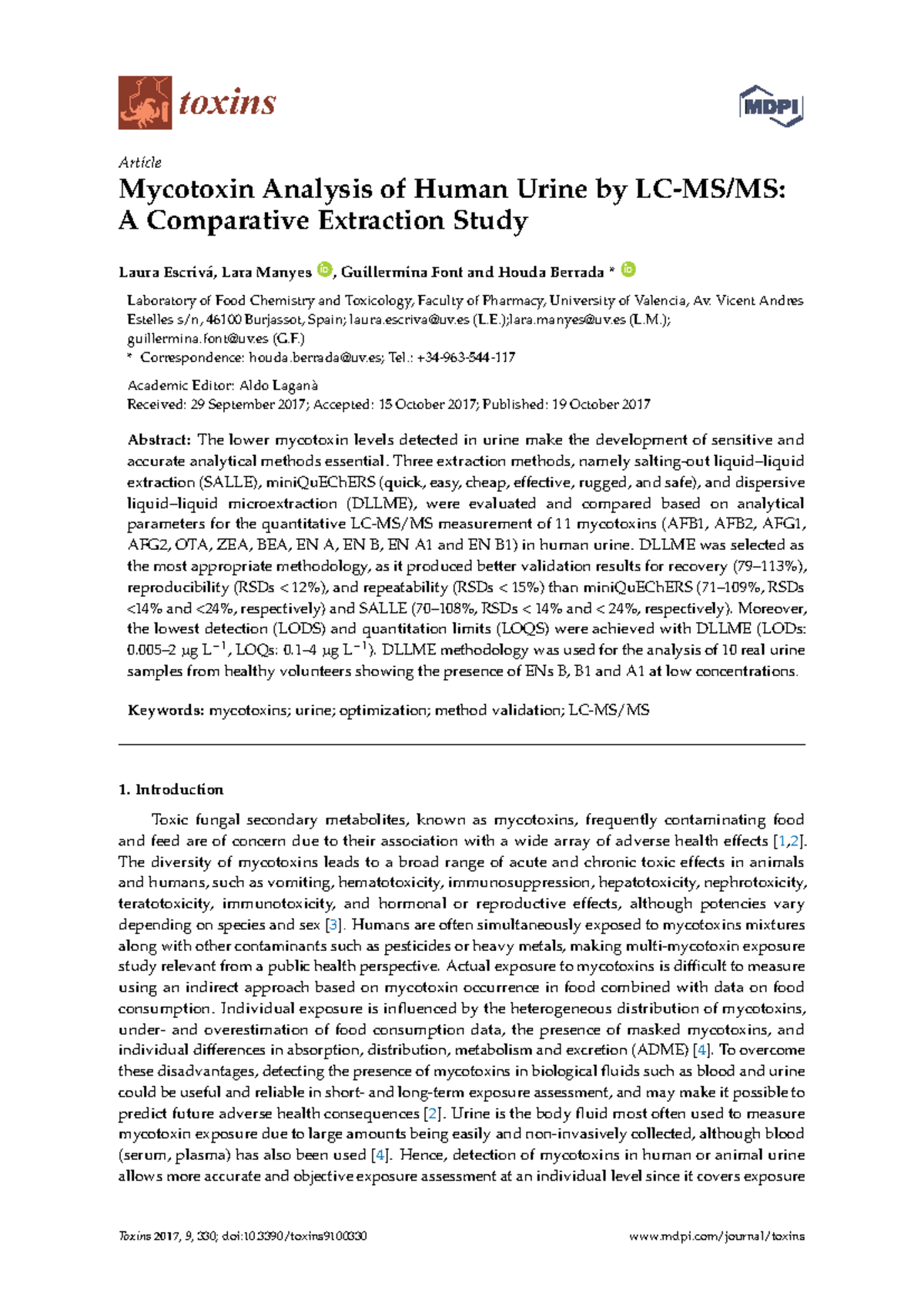 Mycotoxin Extraction Methods in Human Urine: A Comparative Study ...