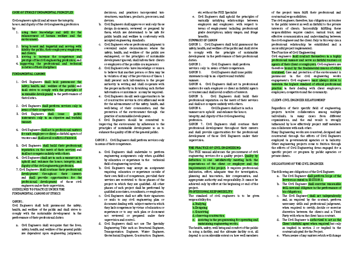 CODE OF ETHICS: Fundamental Principles for Civil Engineers (CE 101 ...