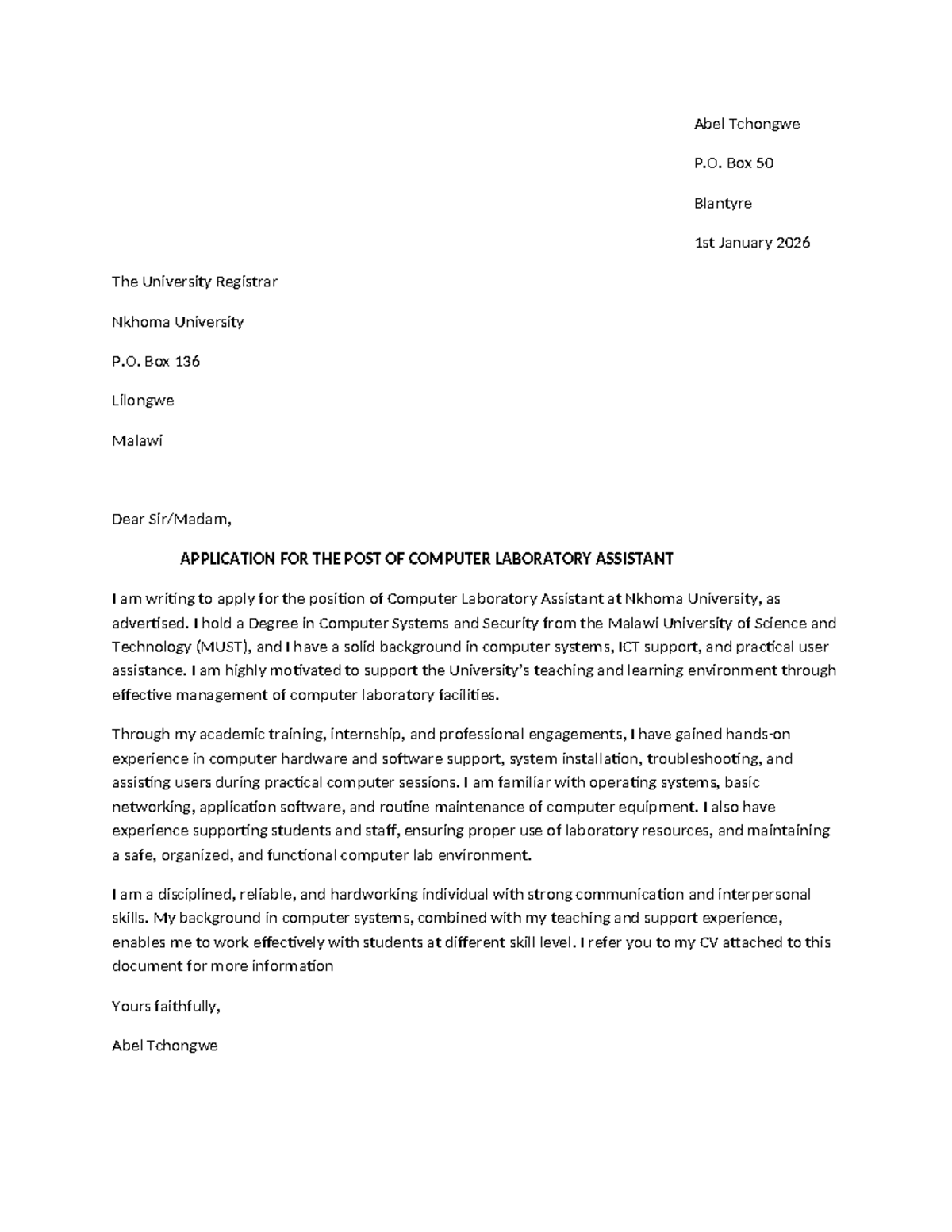 Application for Computer Laboratory Assistant Position at Nkhoma ...