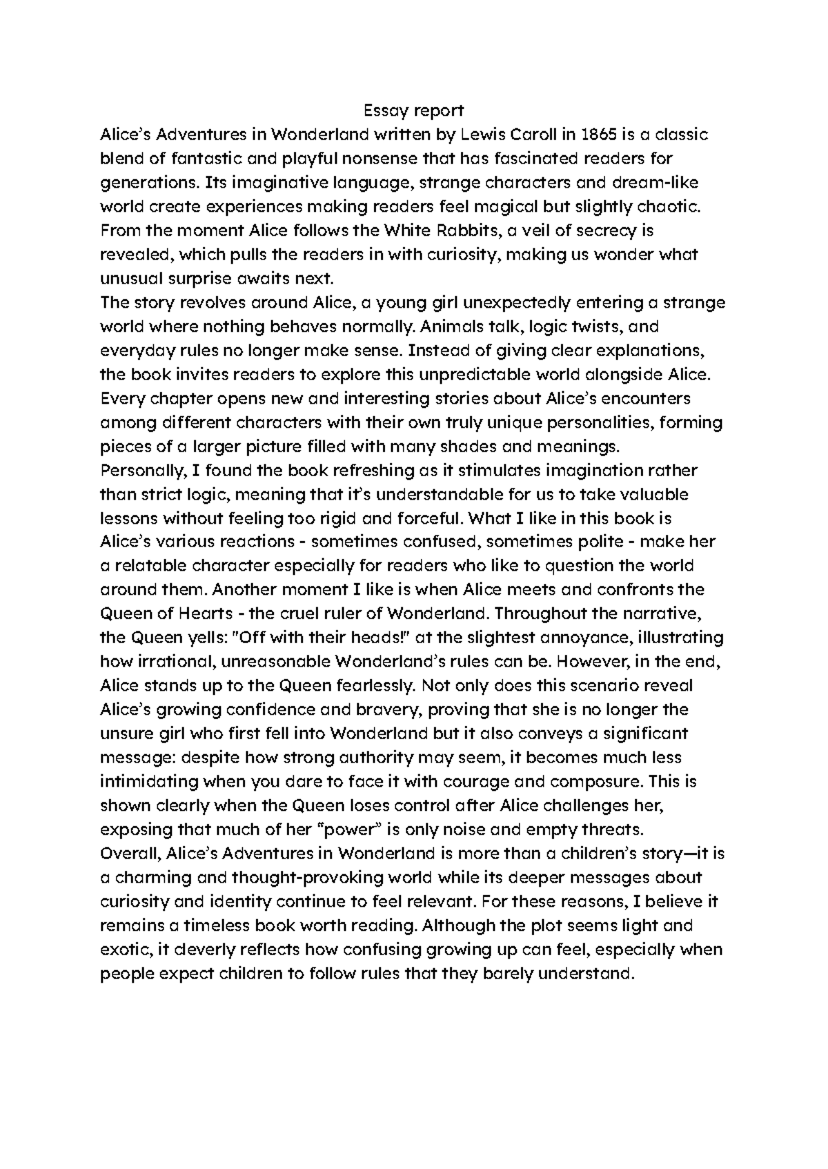 ENG 101: Essay Report on "Adventures in Wonderland" Analysis - Studocu