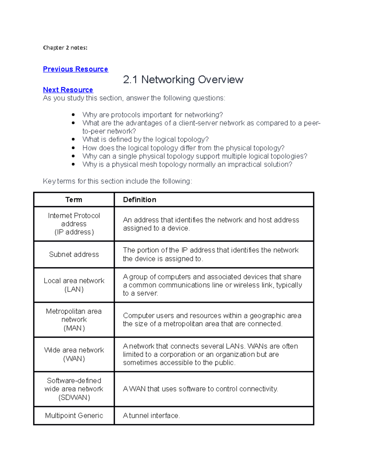 Chapter 2 notes - Chapter 2 notes: Previous Resource 2 Networking ...
