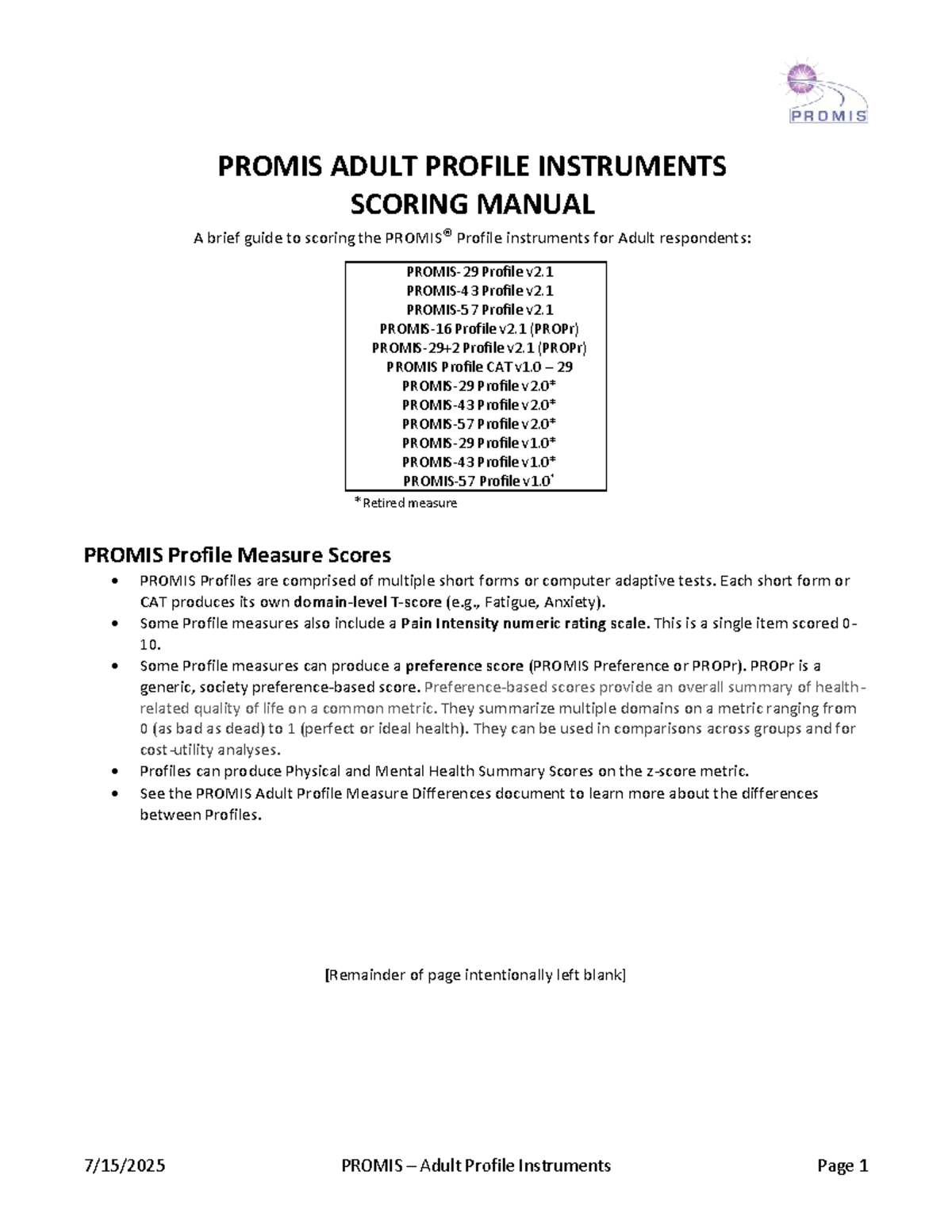 PROMIS Adult Profile Instruments Scoring Manual v2.1 - Studocu