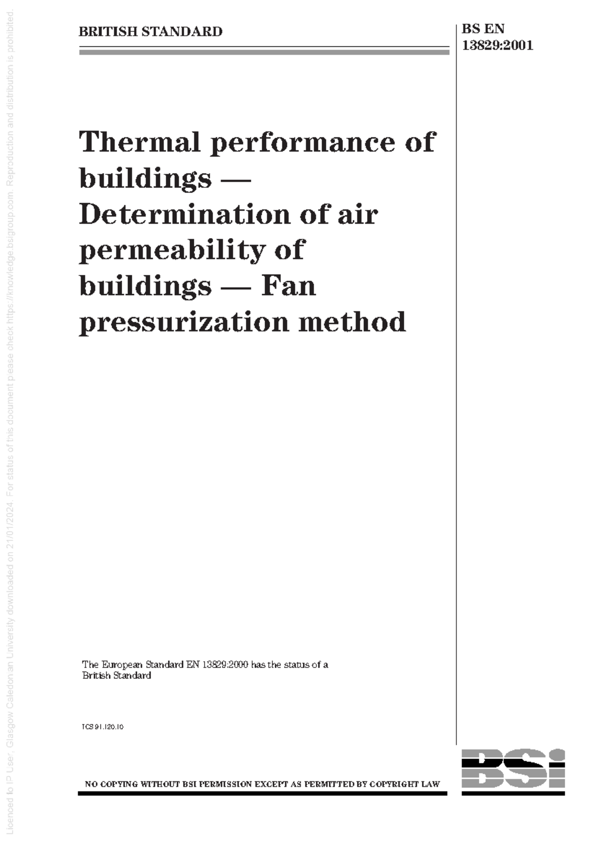 BS EN 13829:2001 - Air Permeability Testing of Buildings - Studocu