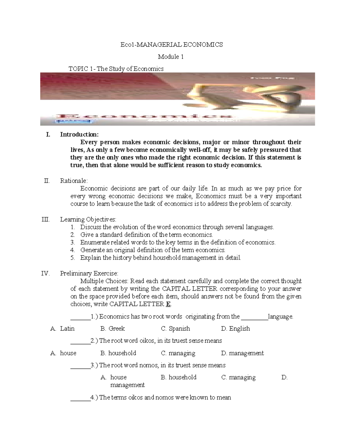Module 1 ECO 1 - Assignment: Understanding Managerial Economics - Studocu