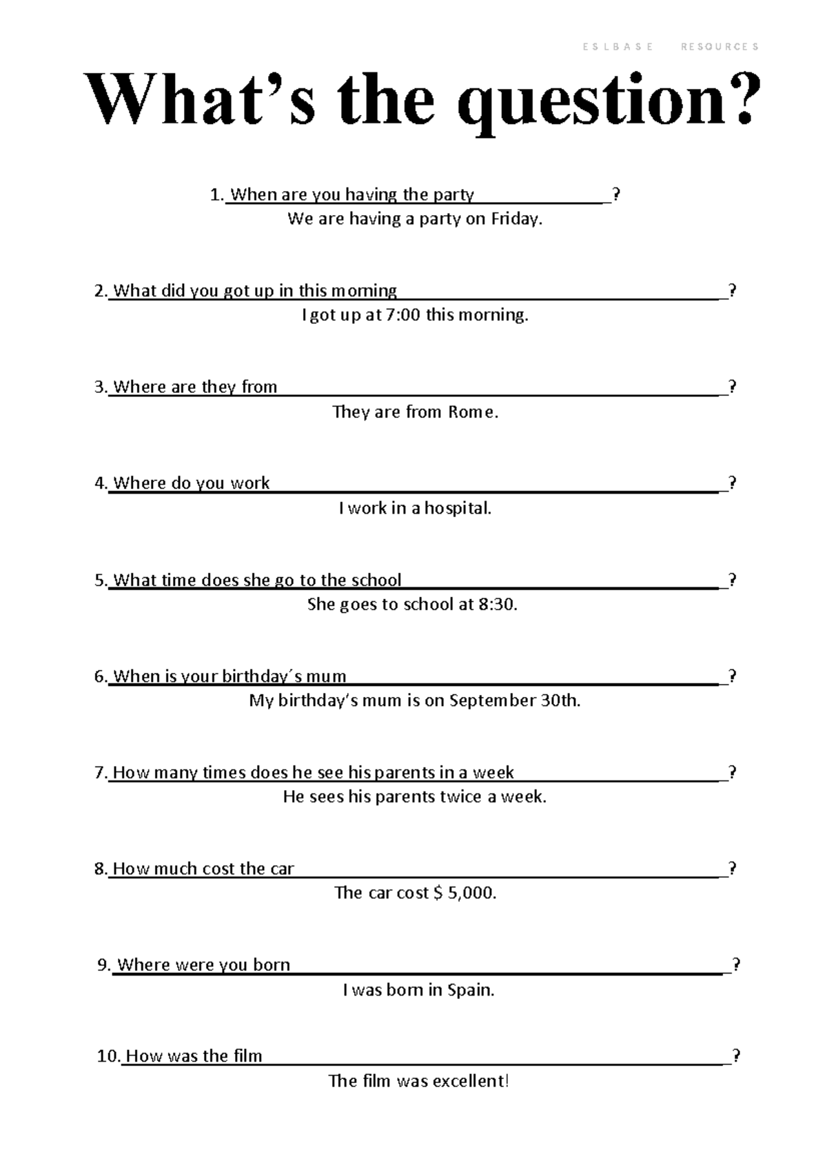 ESL Base Resources: Question Formation Practice - Studocu