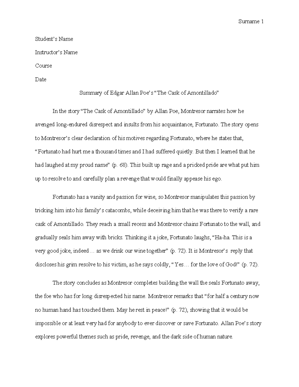 ENG 101: Summary of "The Cask of Amontillado" by Edgar Allan Poe - Studocu