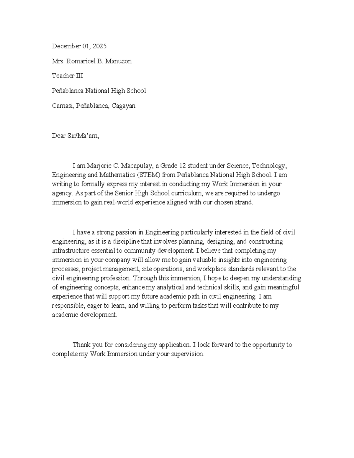 Application Letter for Work Immersion - STEM Grade 12 - Studocu