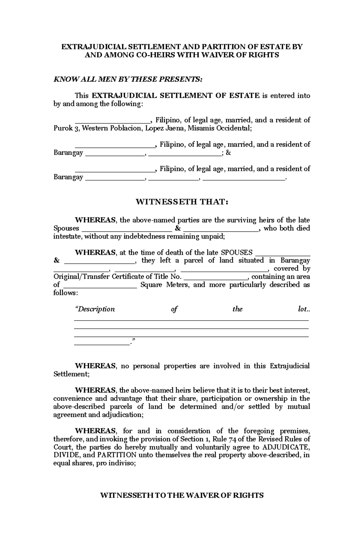 Extrajudicial Settlement of Estate and Waiver of Rights Document - Studocu