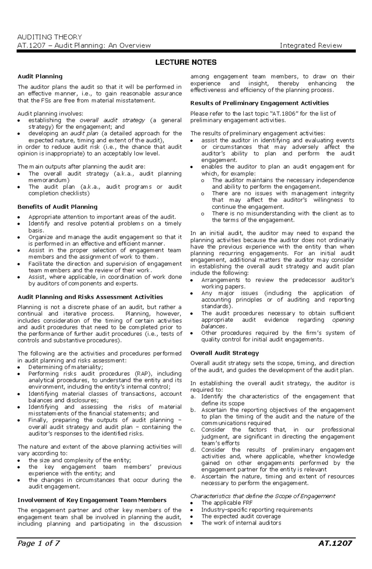 AT.1207 - Comprehensive Lecture Notes on Audit Planning & Exercises ...