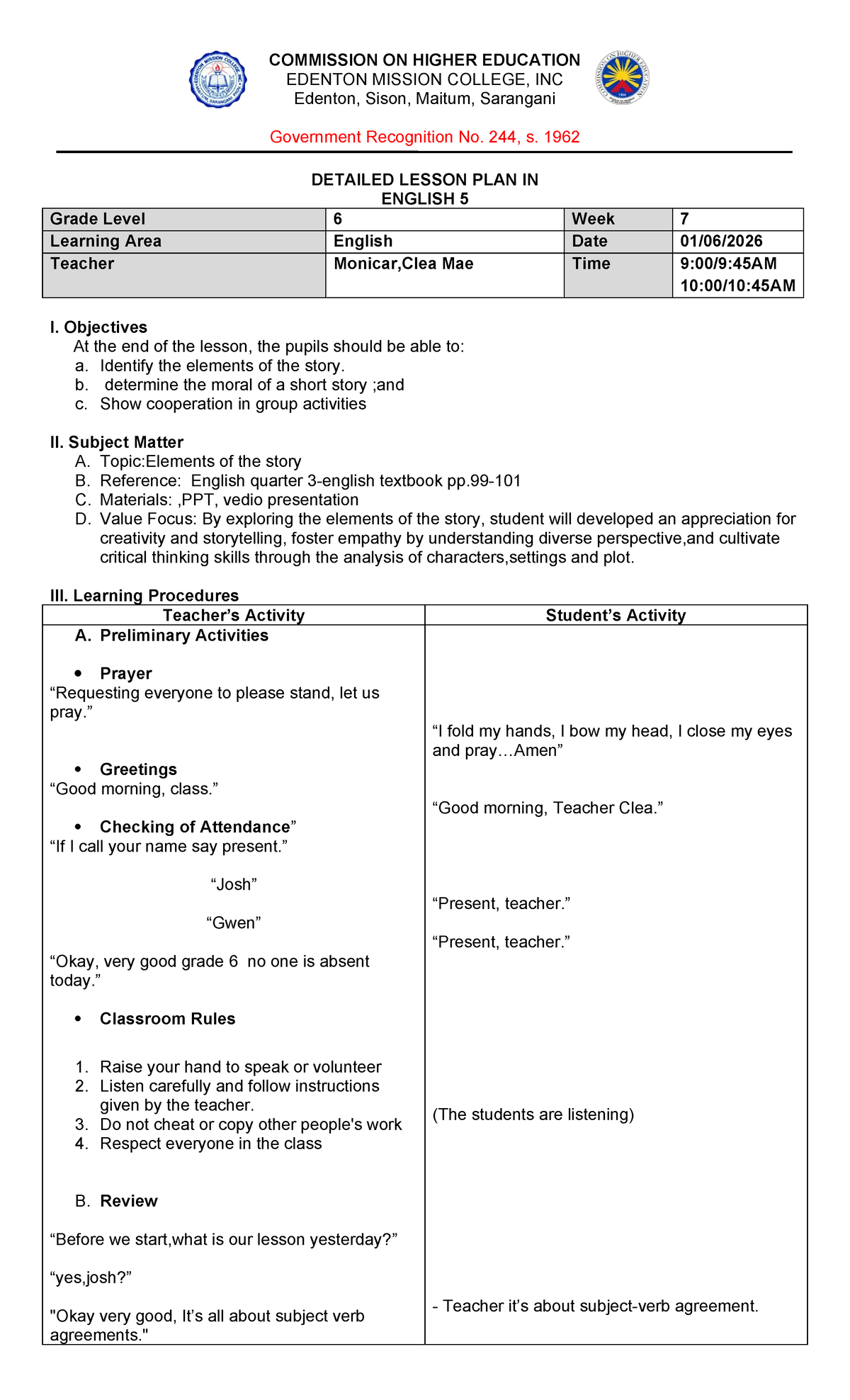 Detailed Lesson Plan in English 5 (Grade 6) - Elements of a Story - Studocu