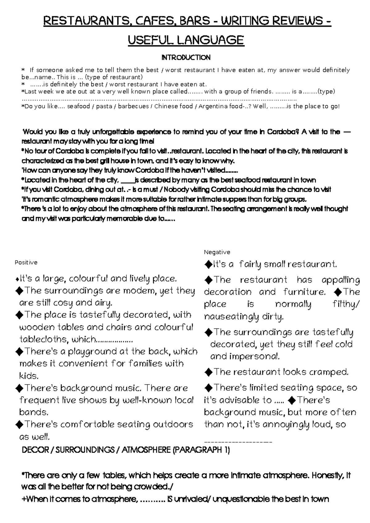 FCE B2 - Writing Reviews: Restaurants, Cafes, and Bars Guide - Studocu