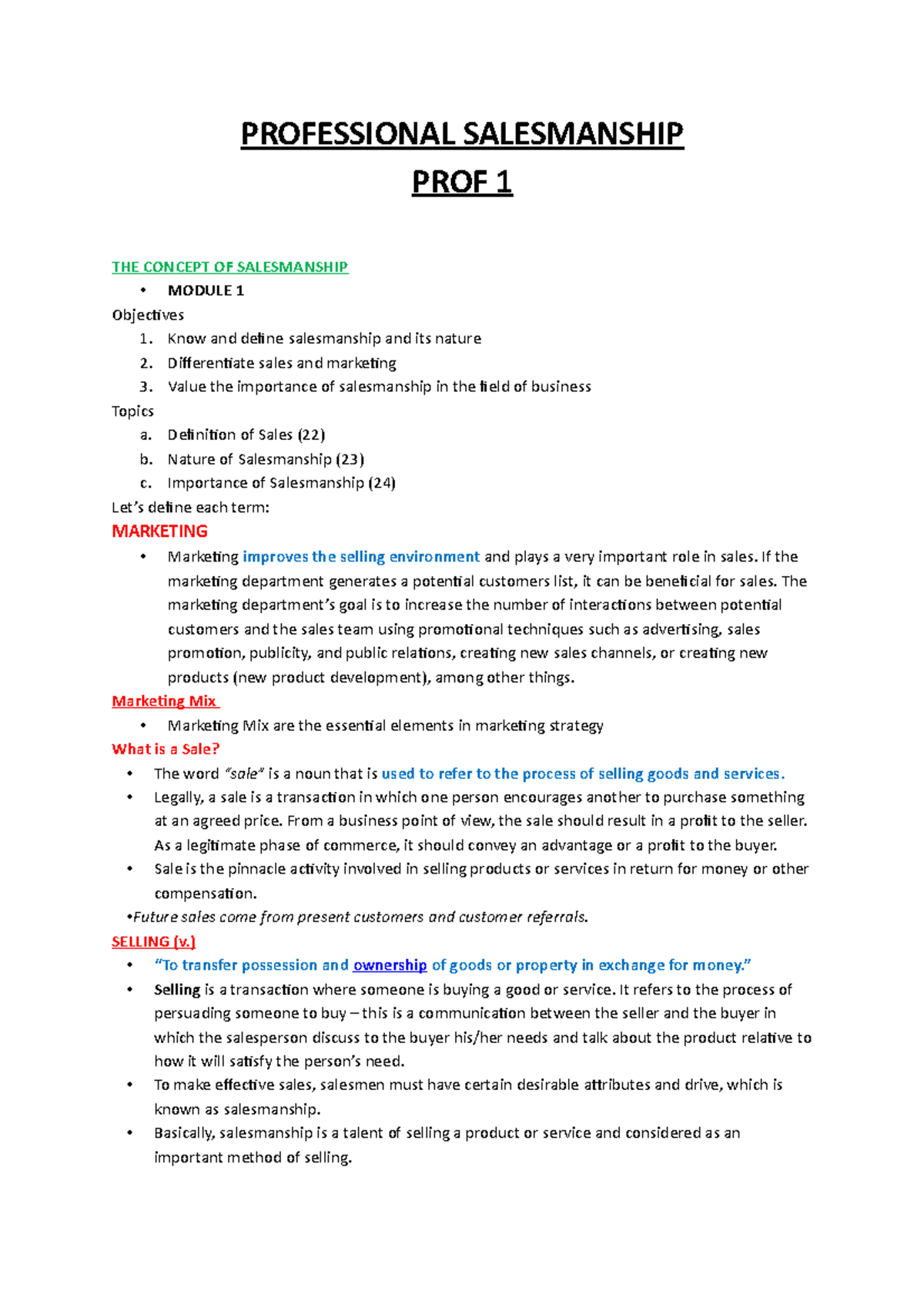 Professional Salesmanship - Concepts, Nature, and Importance (PROF 1 ...