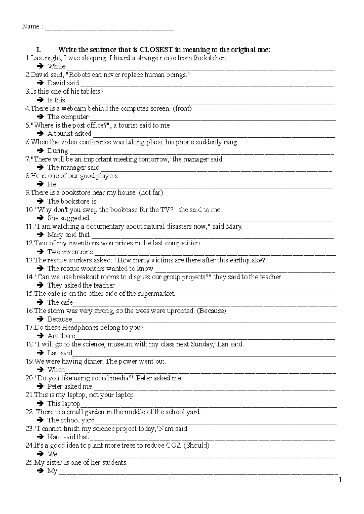 G8 Rewrite Sentences Practice - Language Skills Enhancement - Studocu