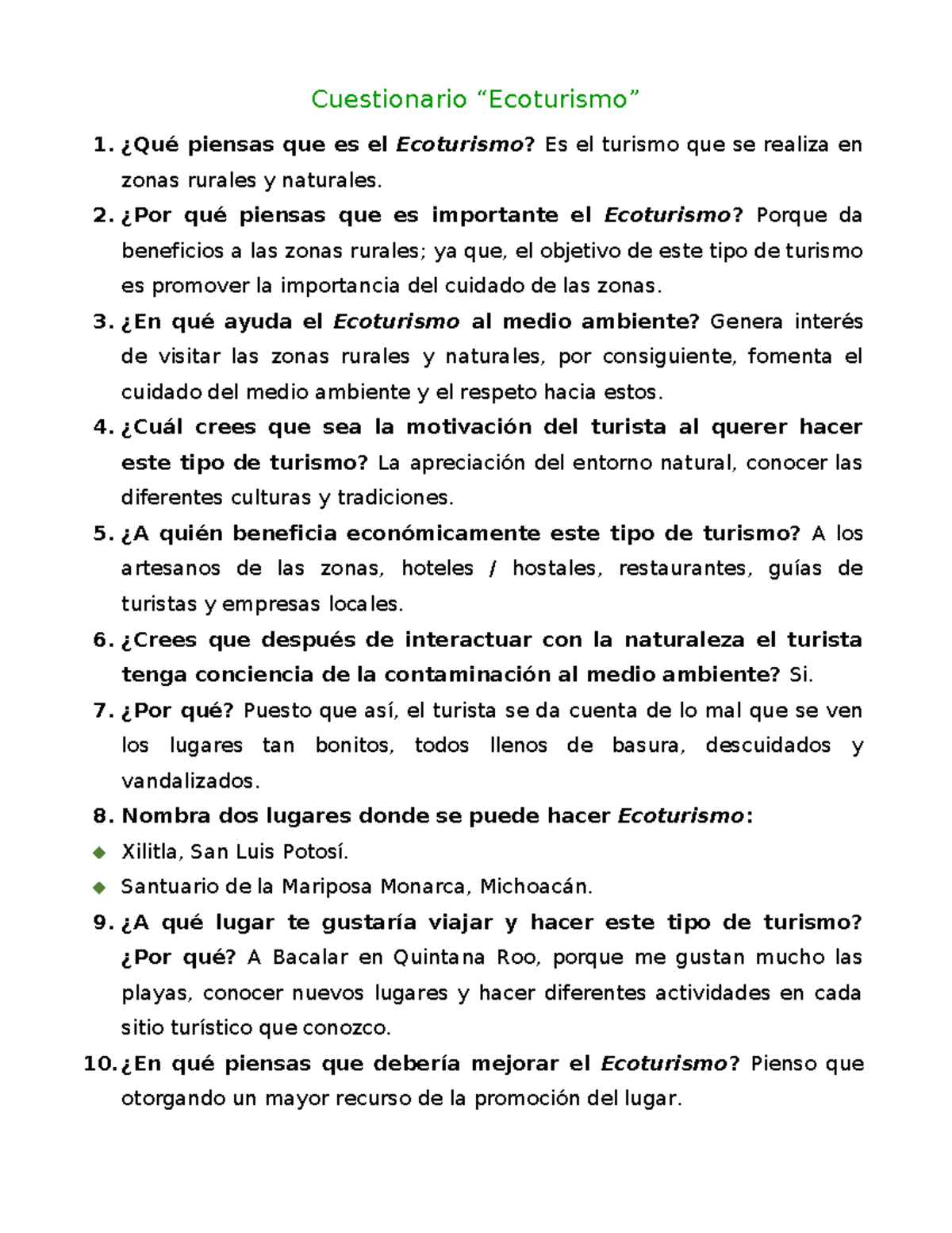 Cuestionario sobre Ecoturismo: Reflexiones y Beneficios - Studocu