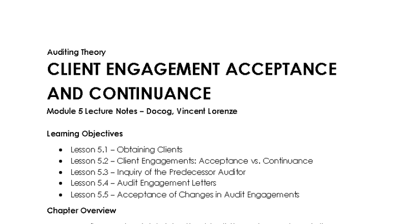 Module 5 Lecture Notes: Client Engagement Acceptance & Continuance ...