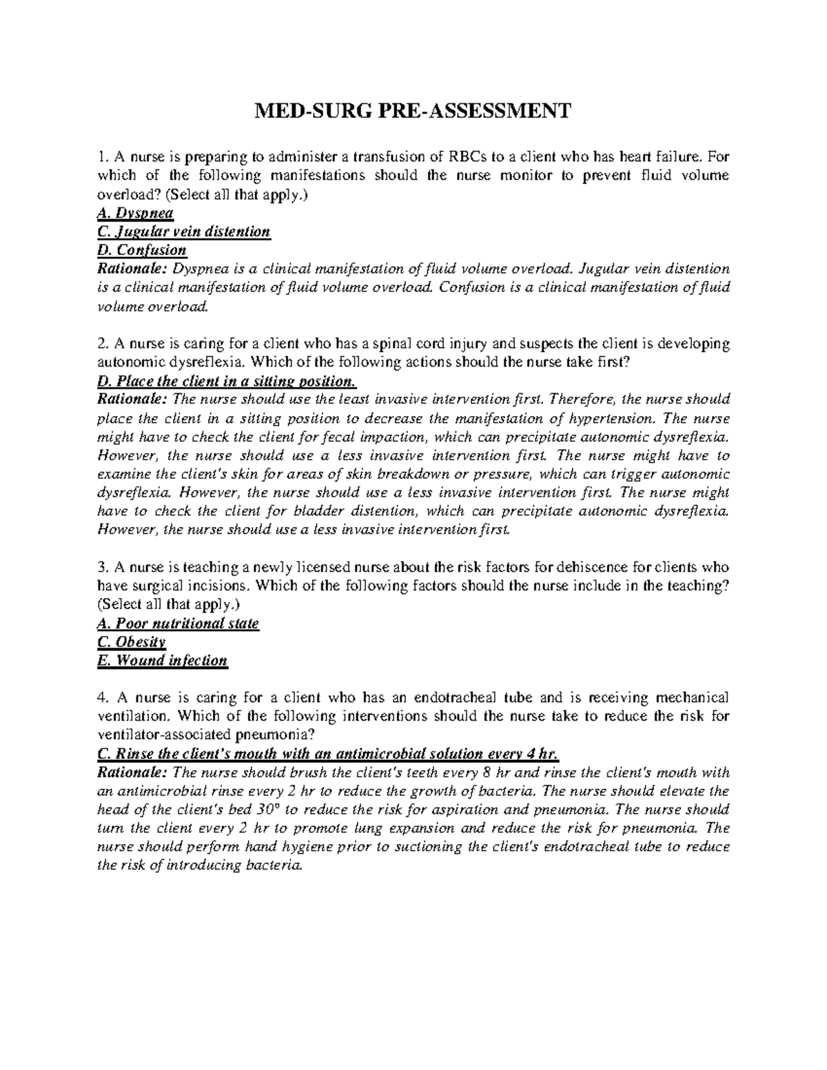 MED-SURG PRE-Assessment: Key Nursing Interventions and Considerations ...